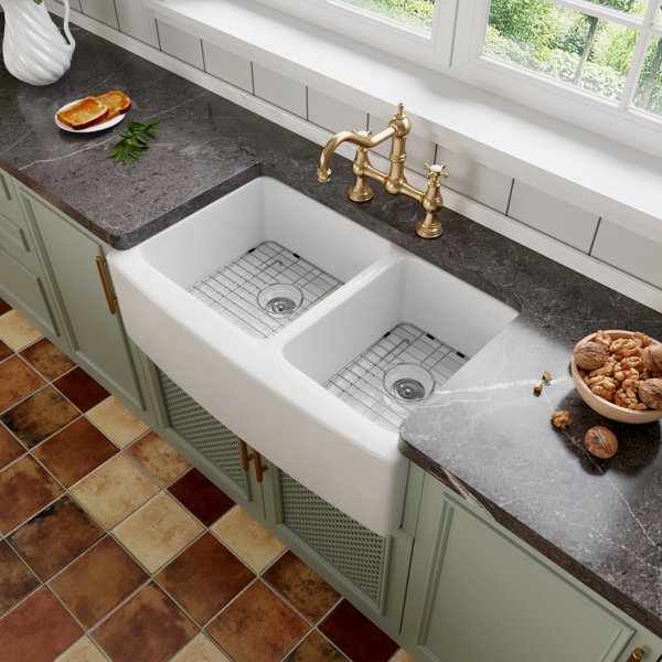 DeerValley Eclipse 33" x 21” Double Bowl 60/40 Ceramic Farmhouse Kitchen Sink with Sink Grid and ...